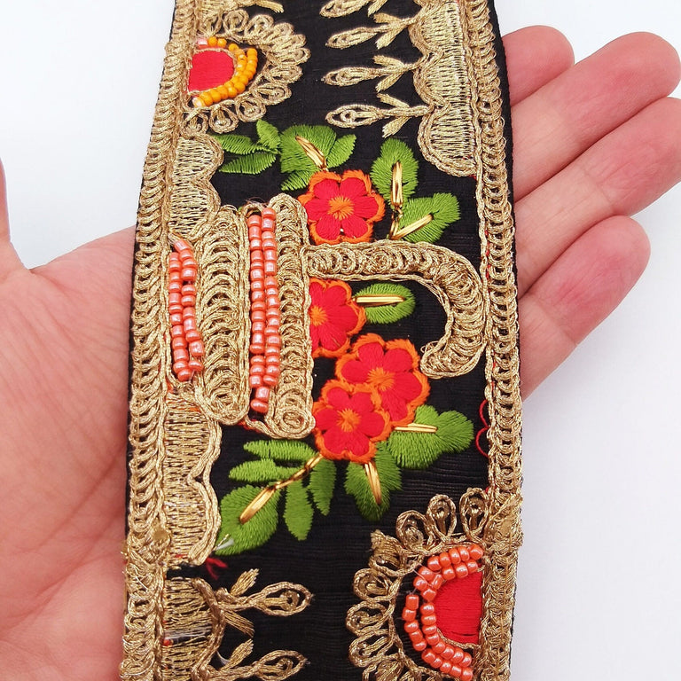 Black Art Silk Fabric Trim With Green, Orange, Red And Gold Floral Emb ...